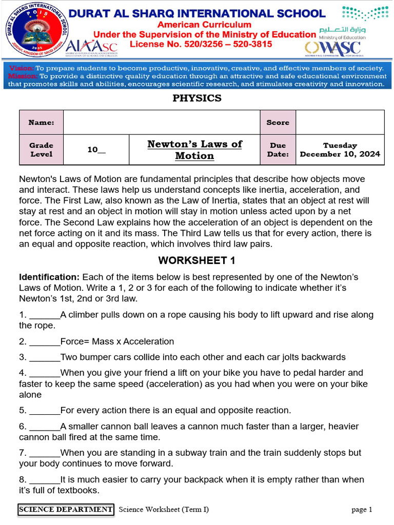 Newton's Laws of Motion Worksheet | PDF | Force | Newton's Laws Of Motion