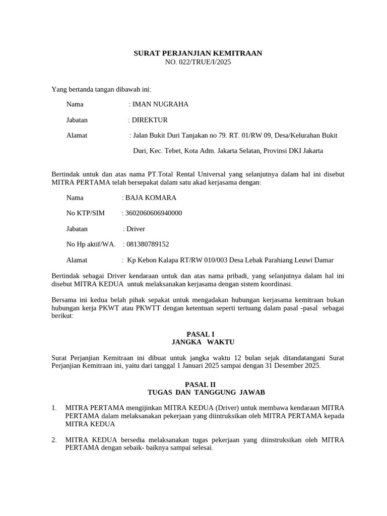 Surat Perjanjian Kemitraan Driver Baja Komara Pdf