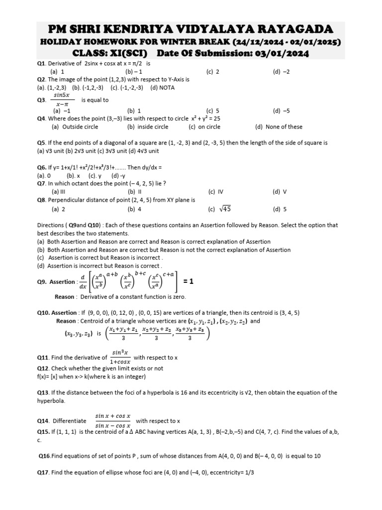 Winter Break Home Work Maths Dos 03 01 2025 | PDF | Ellipse | Classical ...