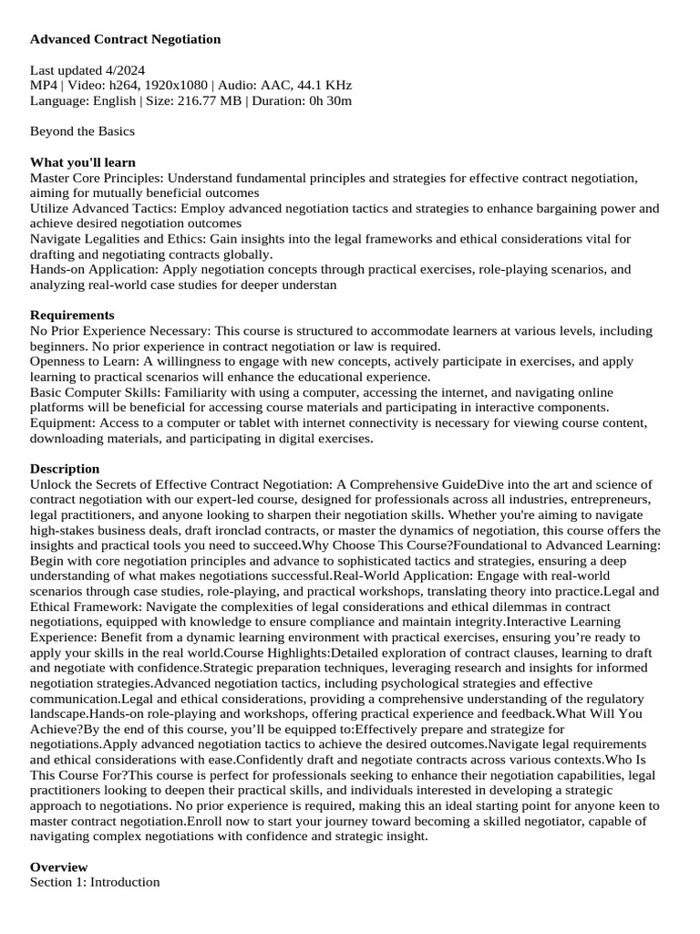 Advanced Contract Negotiation Course | PDF | Negotiation | Learning
