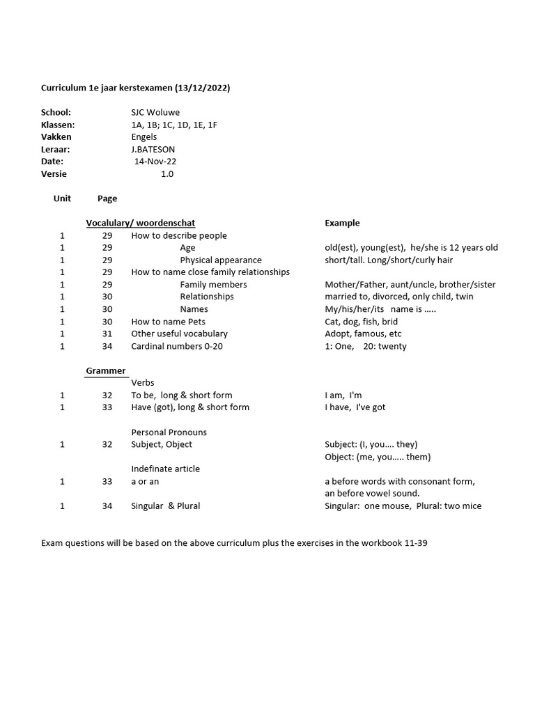 Eerstejaars Engels Examen SJC | PDF