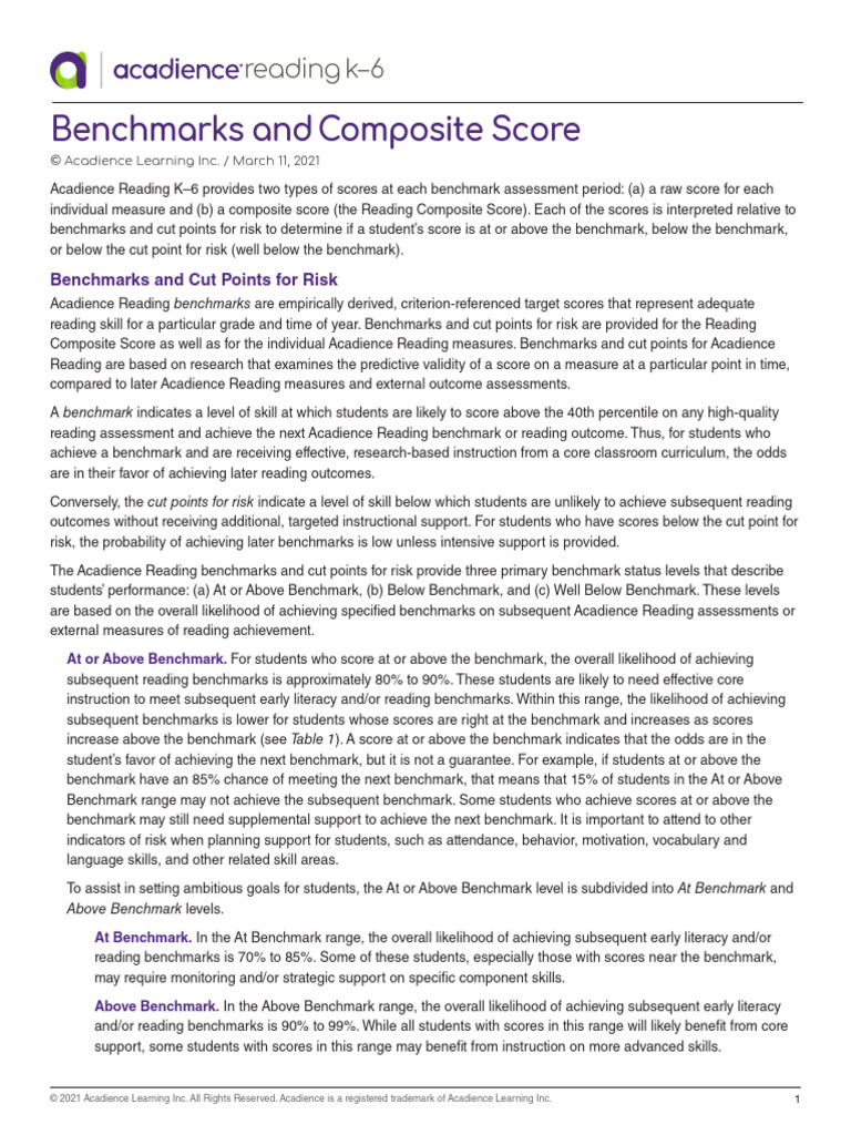 Acadience Reading K 6 Benchmark Goals Handout - 2021 - Color | PDF ...