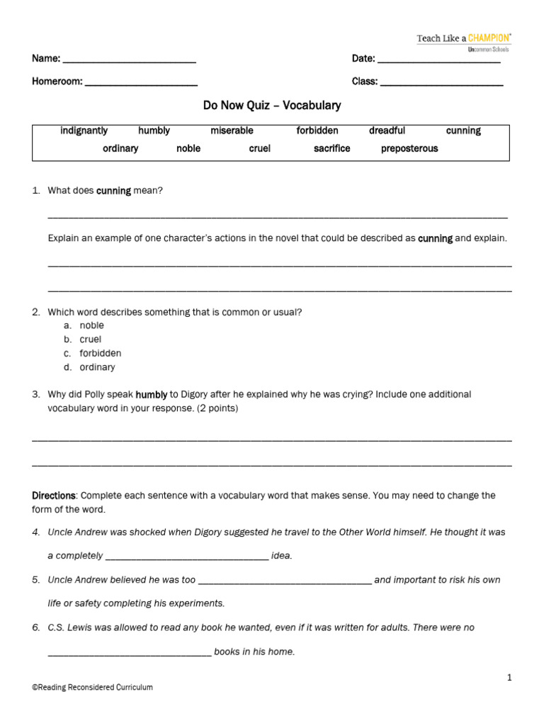 Middle School Vocabulary Quiz | PDF