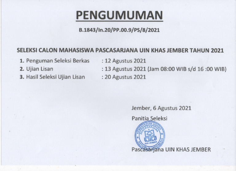 Pengumuman Seleksi Calon Mahasiswa Baru Pascasarjana | PDF