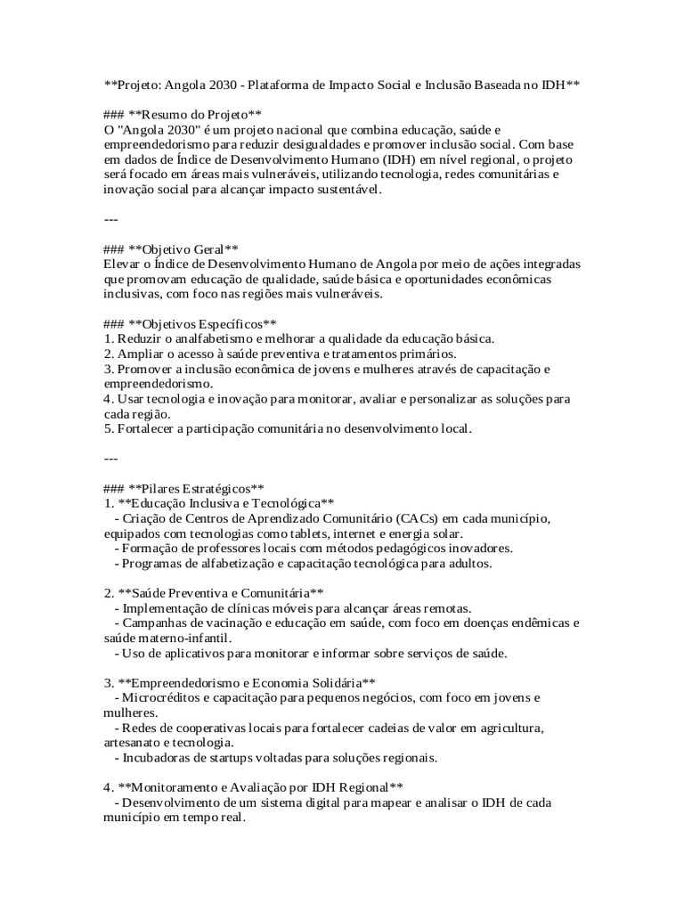 Projeto Angola 2030 | PDF | Desenvolvimento profissional | Medicina ...