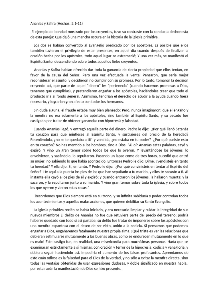 Ananías y Safira: Lecciones de Hipocresía | PDF | Creencia religiosa y ...