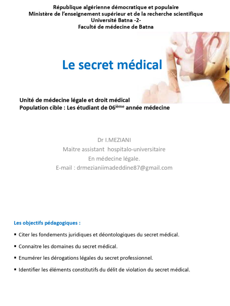 Le Secret Médical en Médecine Légale | PDF | Professionnel de la santé ...