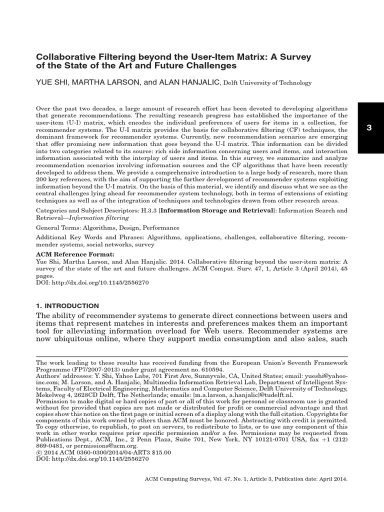 Collaborative Filtering beyond the User-Item Matrix A Survey of the ...