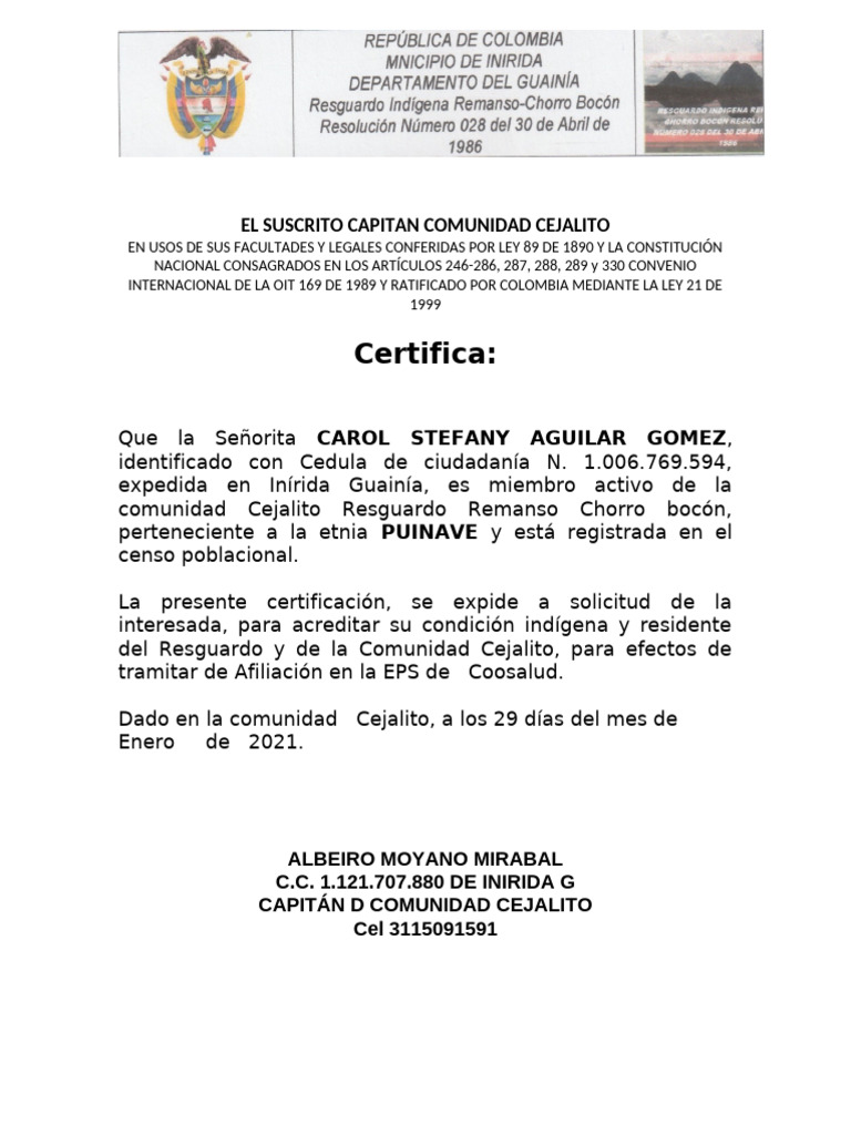 Certificacion Comunidad Sejalito Rio Inirida | PDF | Gobierno y ...