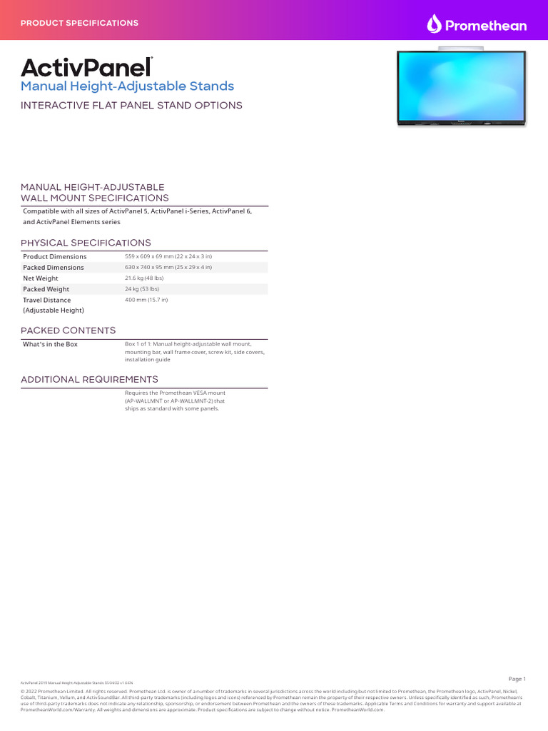 ActivPanel Manual Height-Adjustable Stands SS 0422v1.6 EN | PDF | Trademark