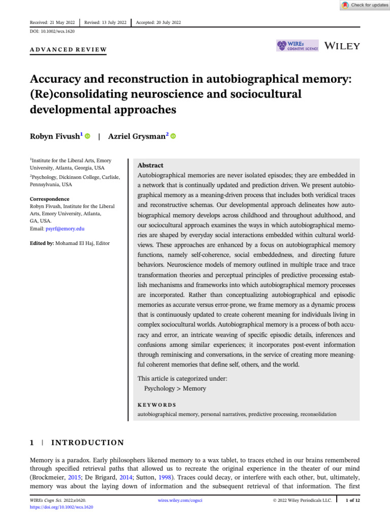 WIRES Cognitive Science - 2022 - Fivush - Accuracy and reconstruction in autobiographical memory ...