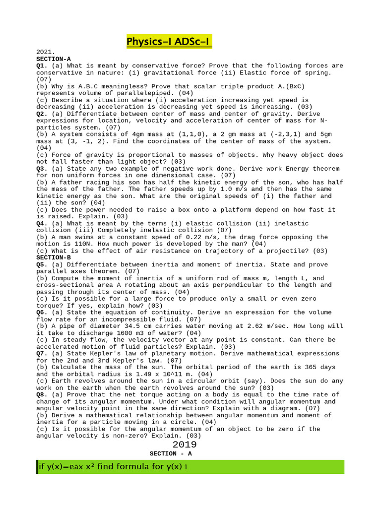 BSC Physics Part 1 Complete Past Year | PDF | Force | Angular Momentum