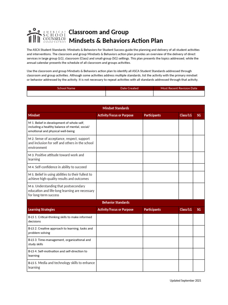 ASCA Classroom Mindsets & Behaviors Plan | PDF | Mindset | Disciplines