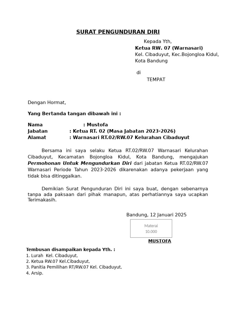 Surat Pengunduran Diri Ketua RT | PDF