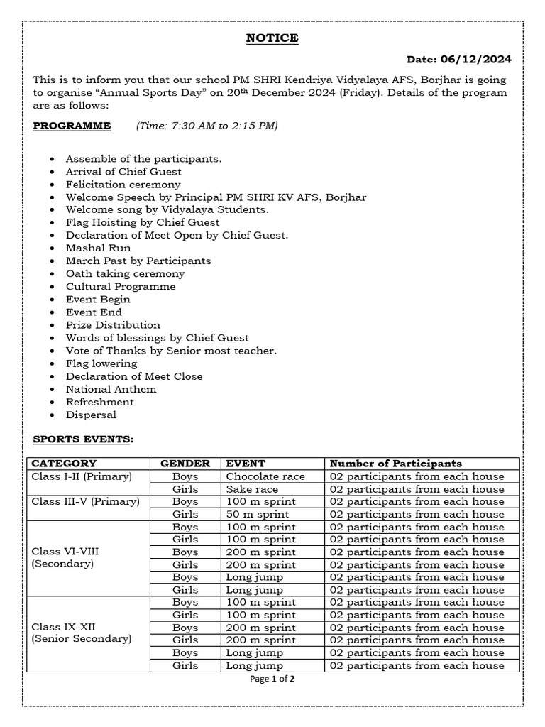 NOTICE Annual Sports Day | PDF