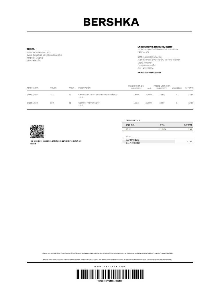 Cliente: #DOCUMENTO: C9500 / 03 / 316867: PÁGINA: 1/ 1 | PDF