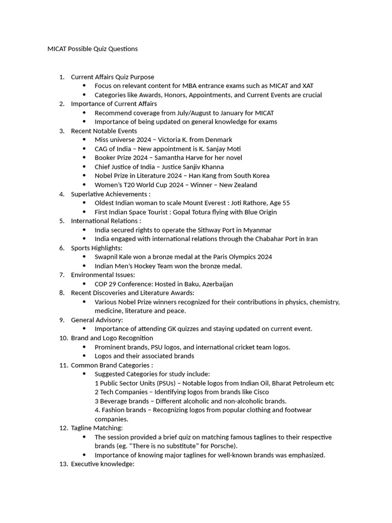 MICAT Possible Quiz Questions | PDF