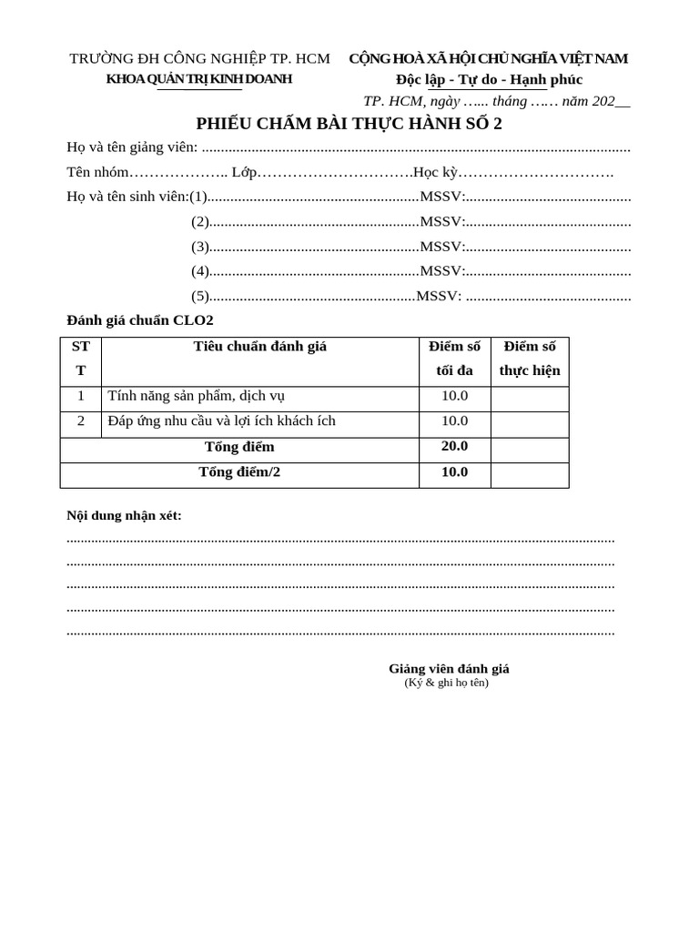 Phieu cham Thuc hanh 2 | PDF