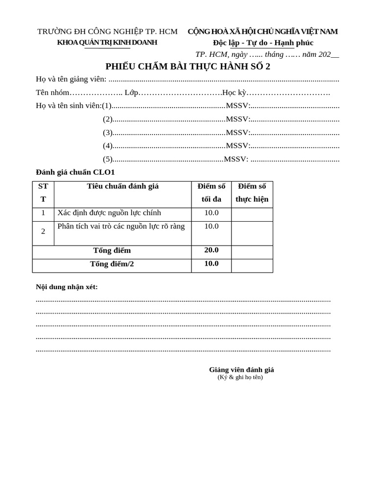 Phieu Cham Thuc Hanh 3 | PDF