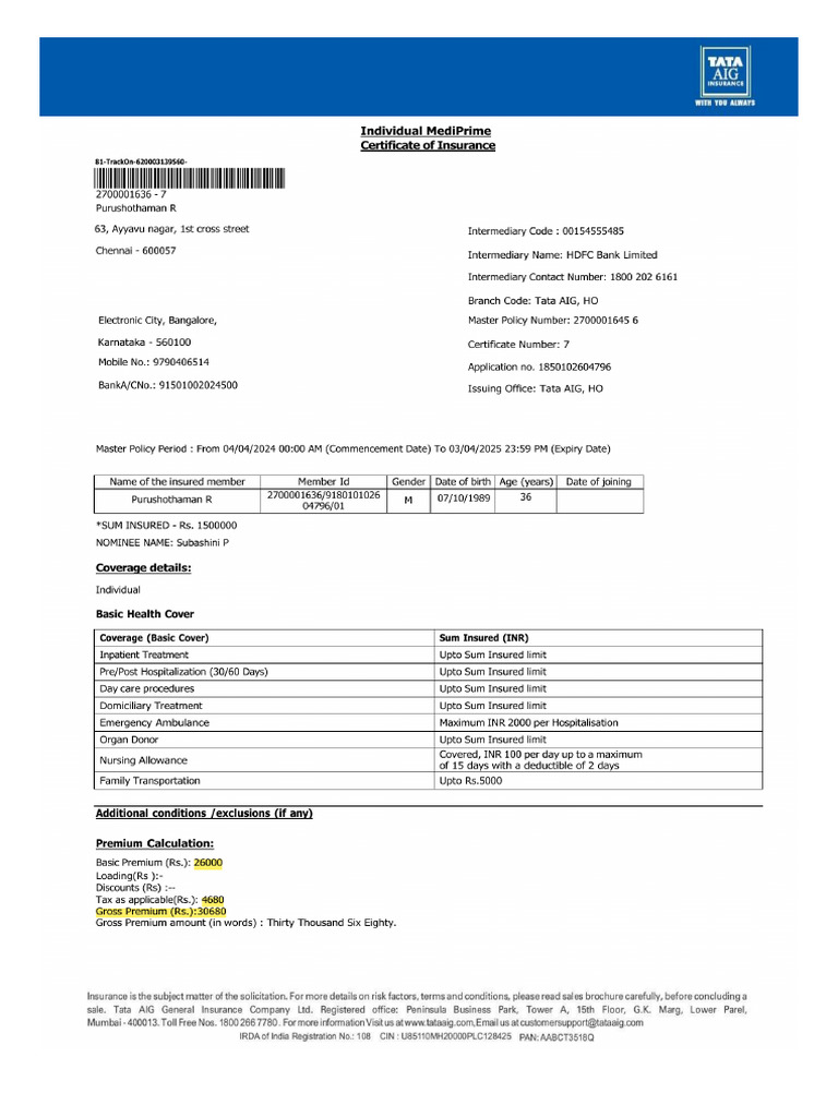 TATA AIG Insurance Receipt With Logo Sign | PDF