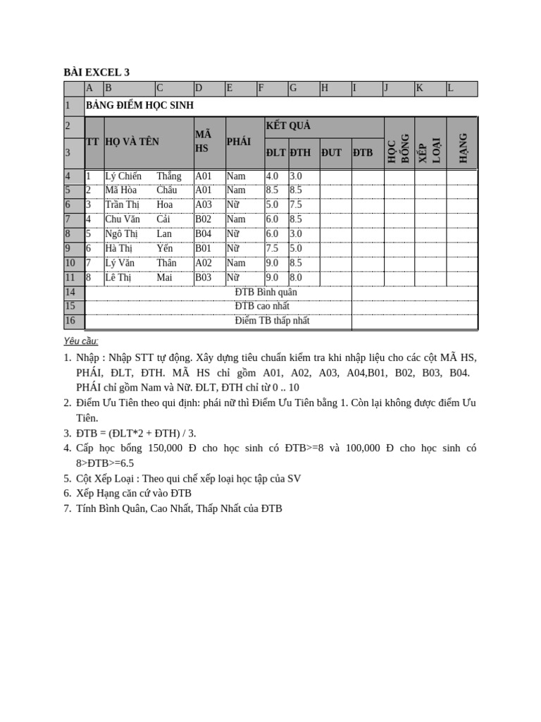 BÀI EXCEL Giao Cho SV | PDF
