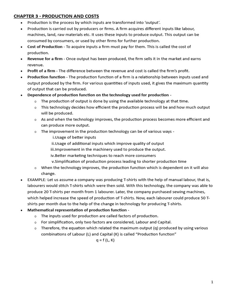 Chapter 3 - Production - Notes | PDF | Production Function | Economics