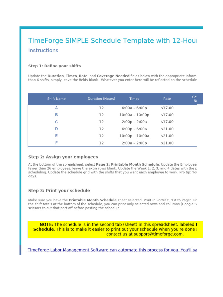 12 Hour Shift Schedule Template - TimeForge | PDF | Spreadsheet | Science Software