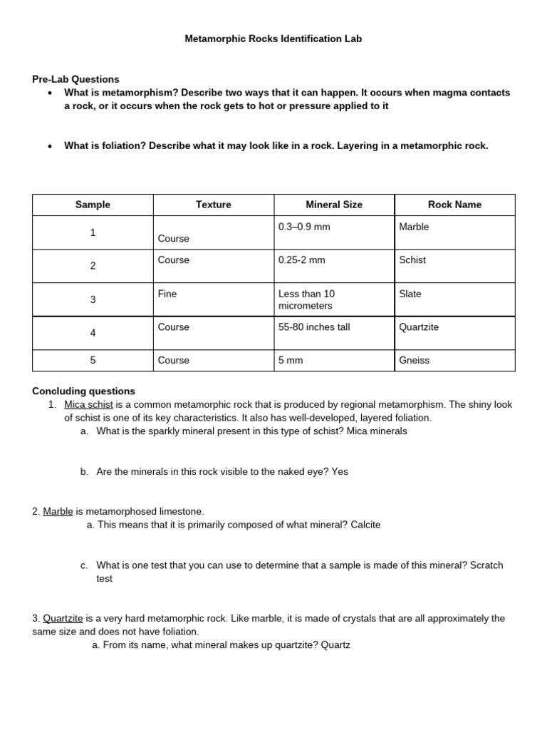 Metamorphic Rocks Identification Lab Answer Sheet-1 | PDF | Rock ...