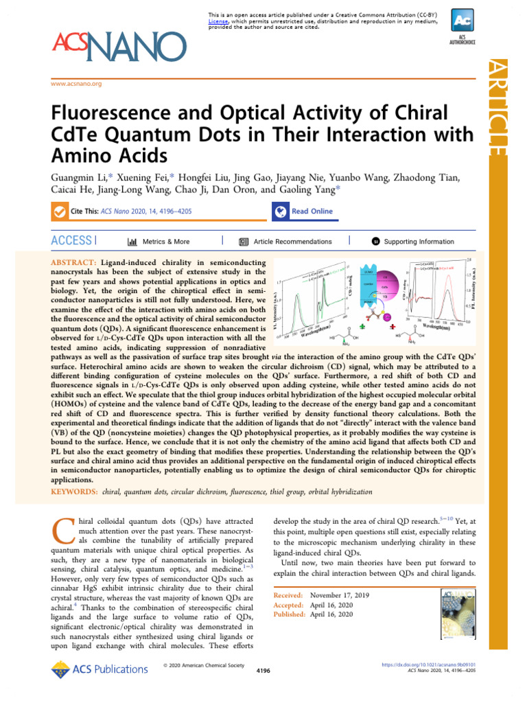 Li Et Al 2020 Fluorescence and Optical Activity of Chiral Cdte Quantum ...