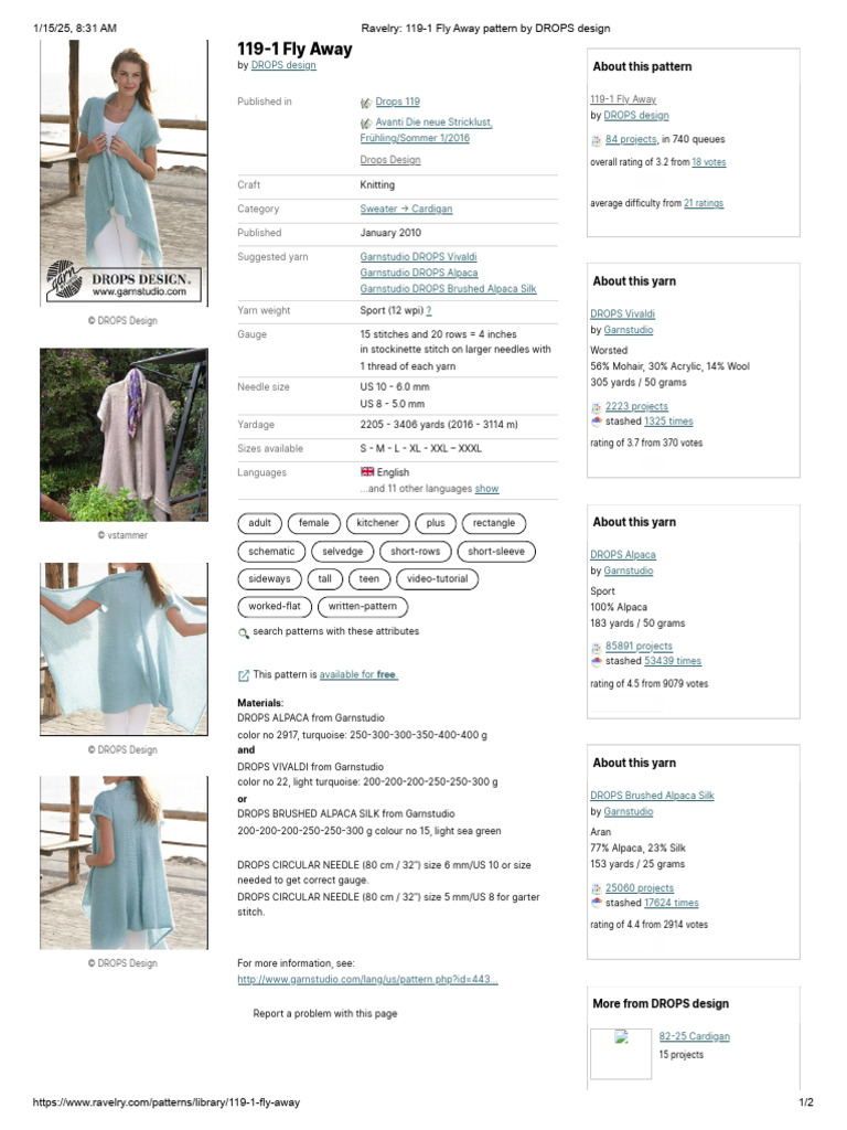 DROPS Fly Away Cardigan Pattern | PDF | Yarn | Wool