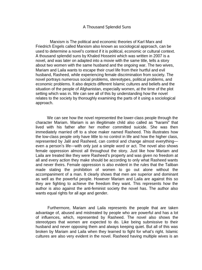 Sociological Analysis of A Thousand Splendid Suns | PDF