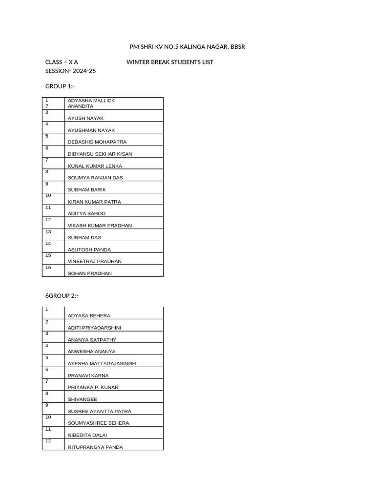 Class X Winter Break Student List 2024-25 | PDF