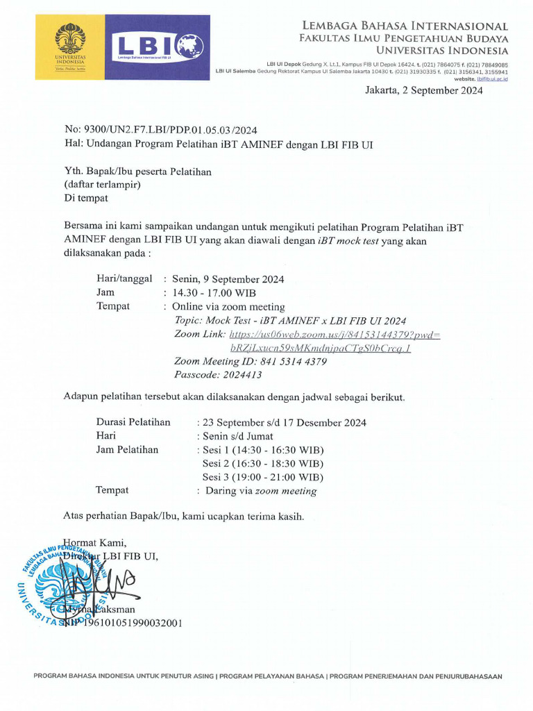 Surat Undangan Pelatihan iBT AMINEF x LBI FIB UI (1) | PDF