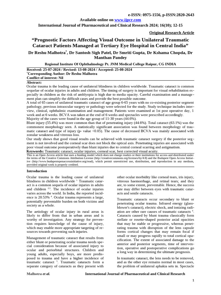 IJPCR, Vol 16, Issue 10, Article 26 | PDF | Clinical Medicine | Senses