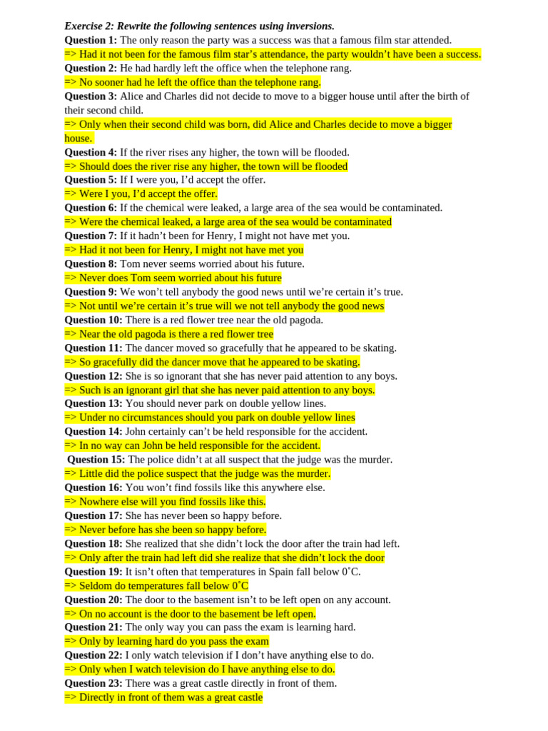 Inversion Exercises for English Grammar | PDF