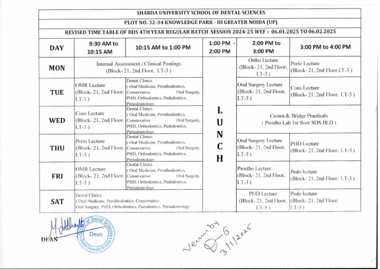 Revised Time Table BDS 4th Year Wef 06.01.2025 | PDF