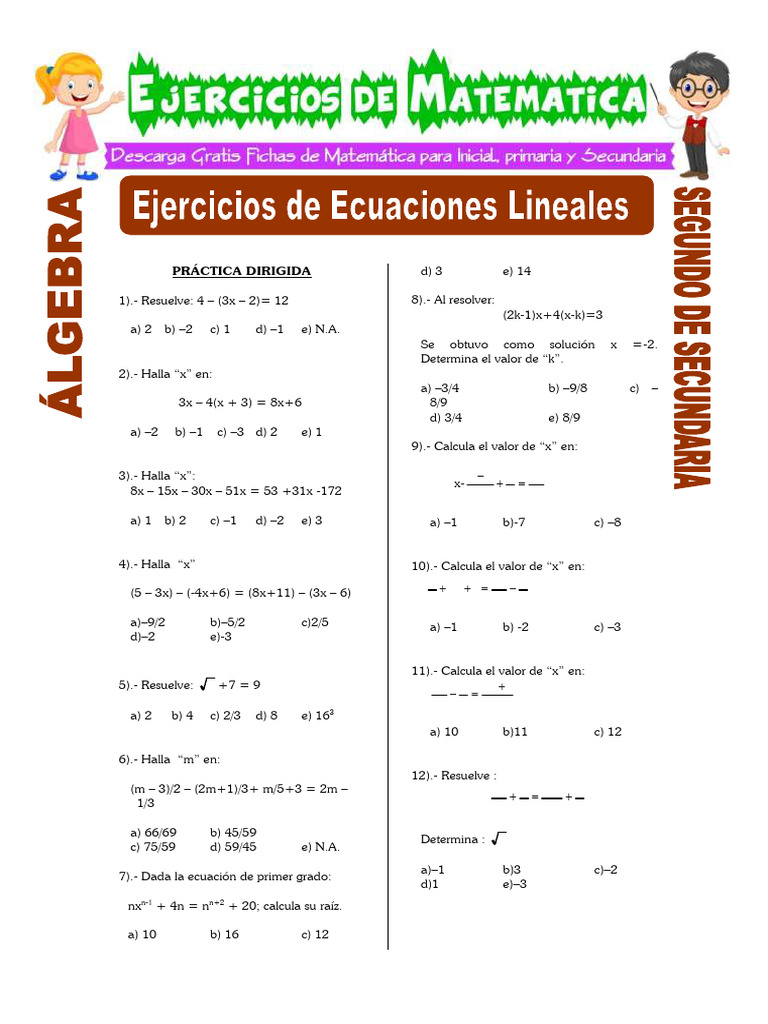 Ejercicios de Ecuaciones Lineales Para Segundo de Secundaria | PDF | Objetos matemáticos ...