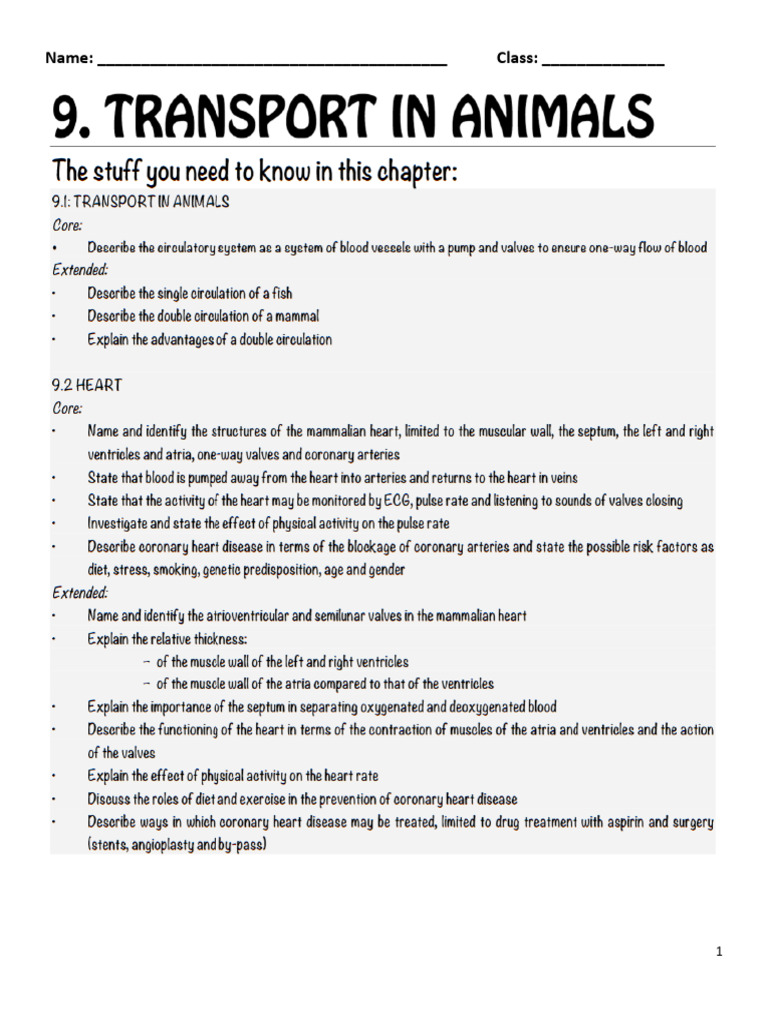 Unit 9 Transport in Animals Workbook | PDF