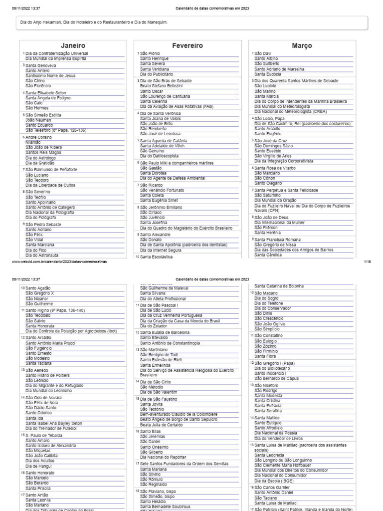 Calendário 2023: Datas Comemorativas | PDF