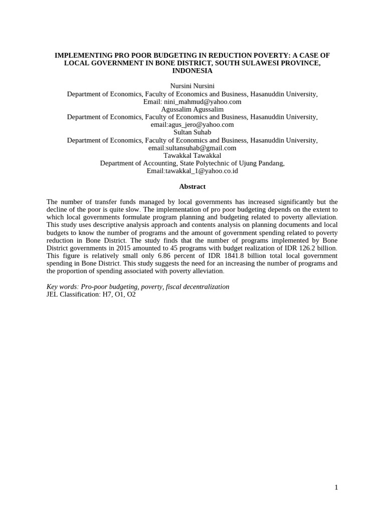 Implementing Pro Poor Budgeting in Reduction Poverty: A Case of Local ...