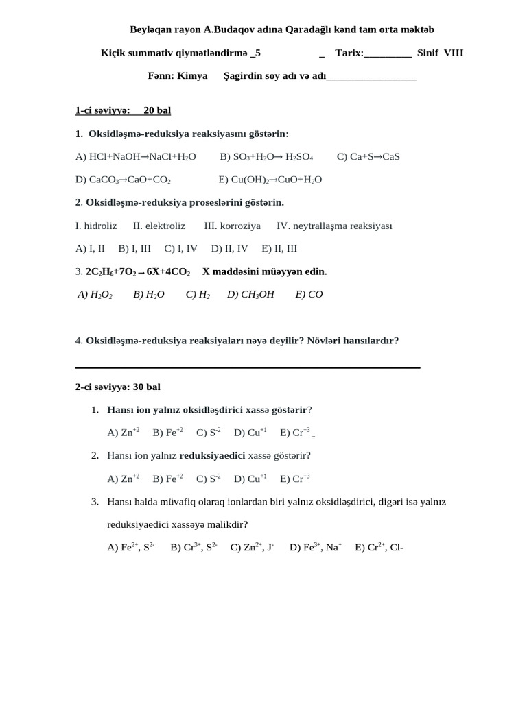 Kimya VIII Sinif KSQ 5 Yeni | PDF