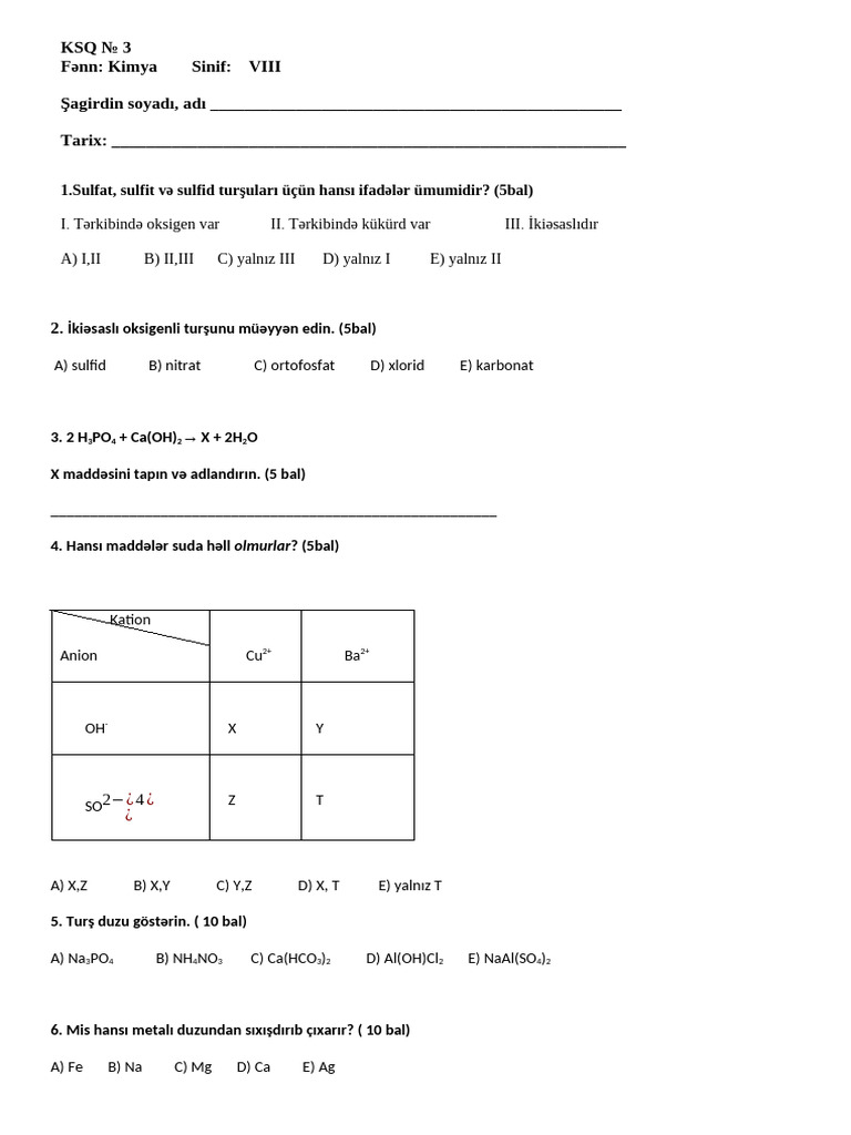 VIII Sinif Kimya Ksq-3 Bal Ilə | PDF