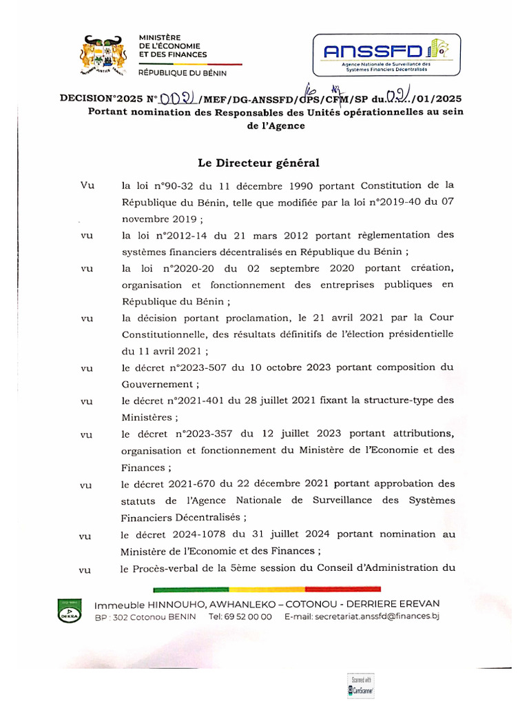 Note de Service Portant Nomination de Responsable D'unité D ...