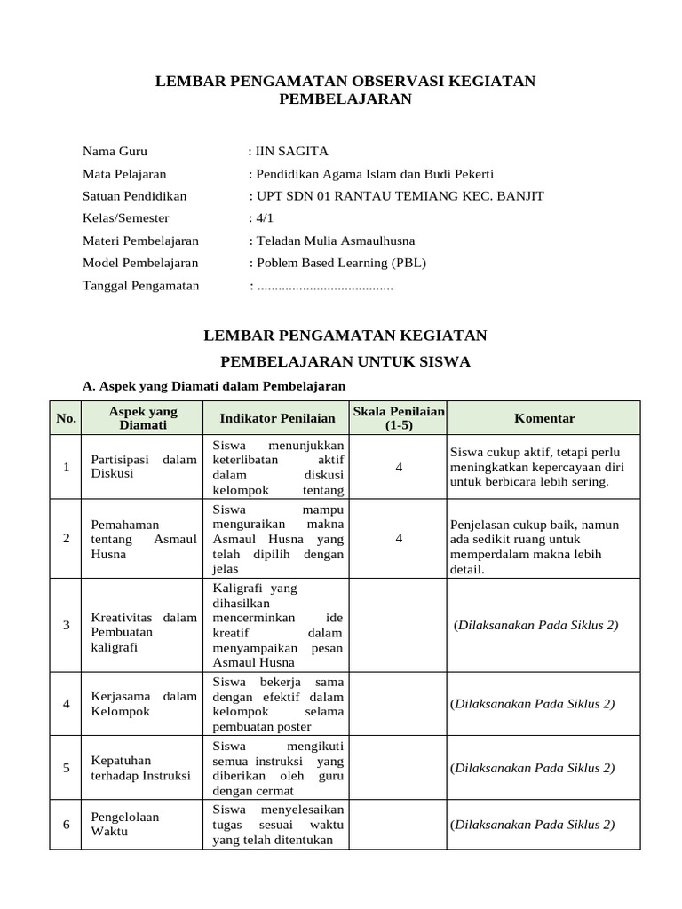 Lembar Kerja Siklus 1 (PBL) - Iin Sagita | PDF