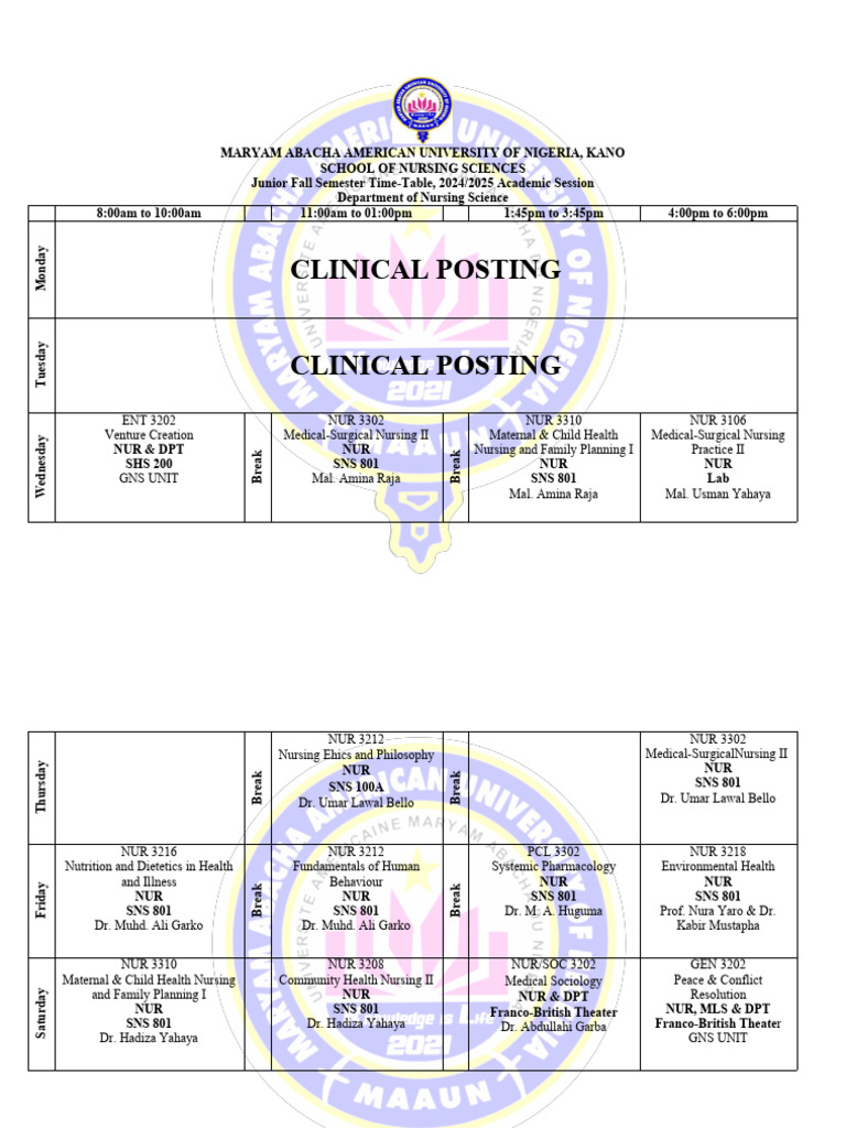 Junior Sns 2024-2025 Fall Timetable | PDF | Health Care | Nursing