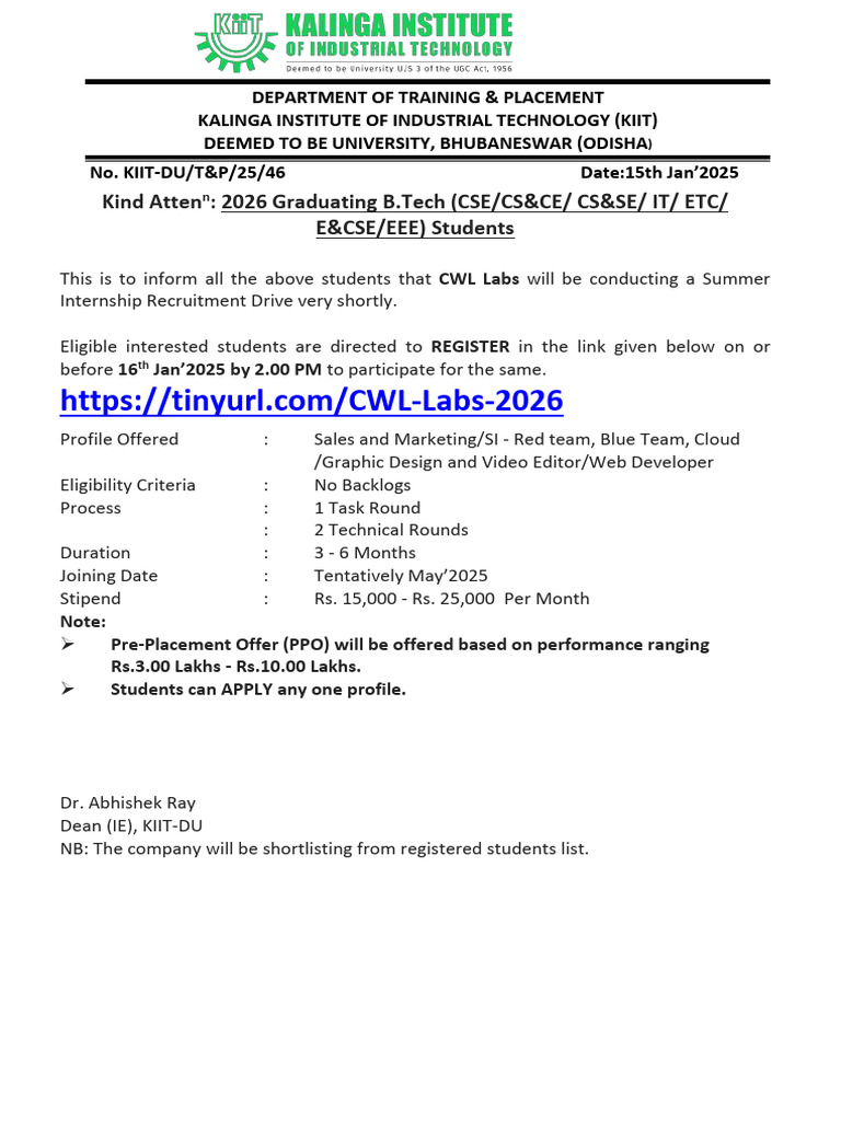 Registration for CWL Labs Summer Internship Recruitment Drive - 2026 ...