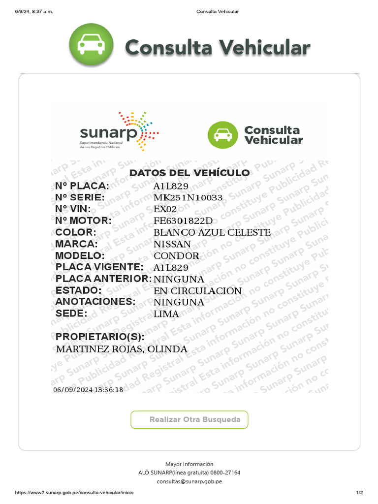 Consulta Vehicular SUNARP Perú | PDF