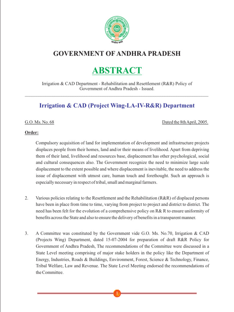 Rehabilitation & Resettlement Policy Andhra Prdaesh - 2005 | PDF