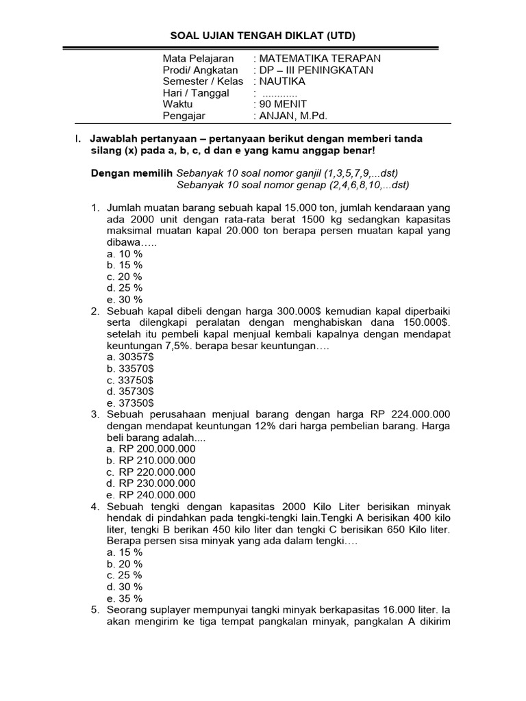 SOAL UTD DP-III PENINGKATAN NAUTIKA A-J TAHUN 2023 (1) | PDF