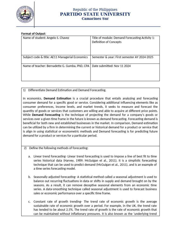 Demand Forecasting Activity 1 2024 | PDF | Forecasting | Demand